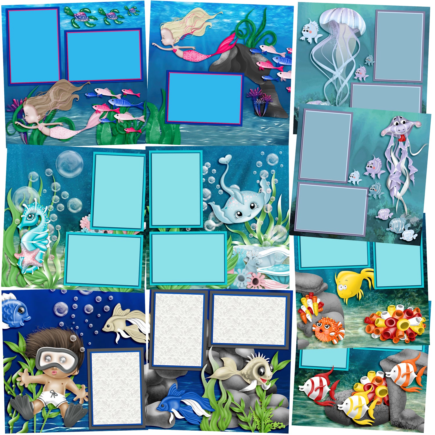 Under the Sea - Set of 5 Double Page Layouts - 1375 – EZscrapbooks