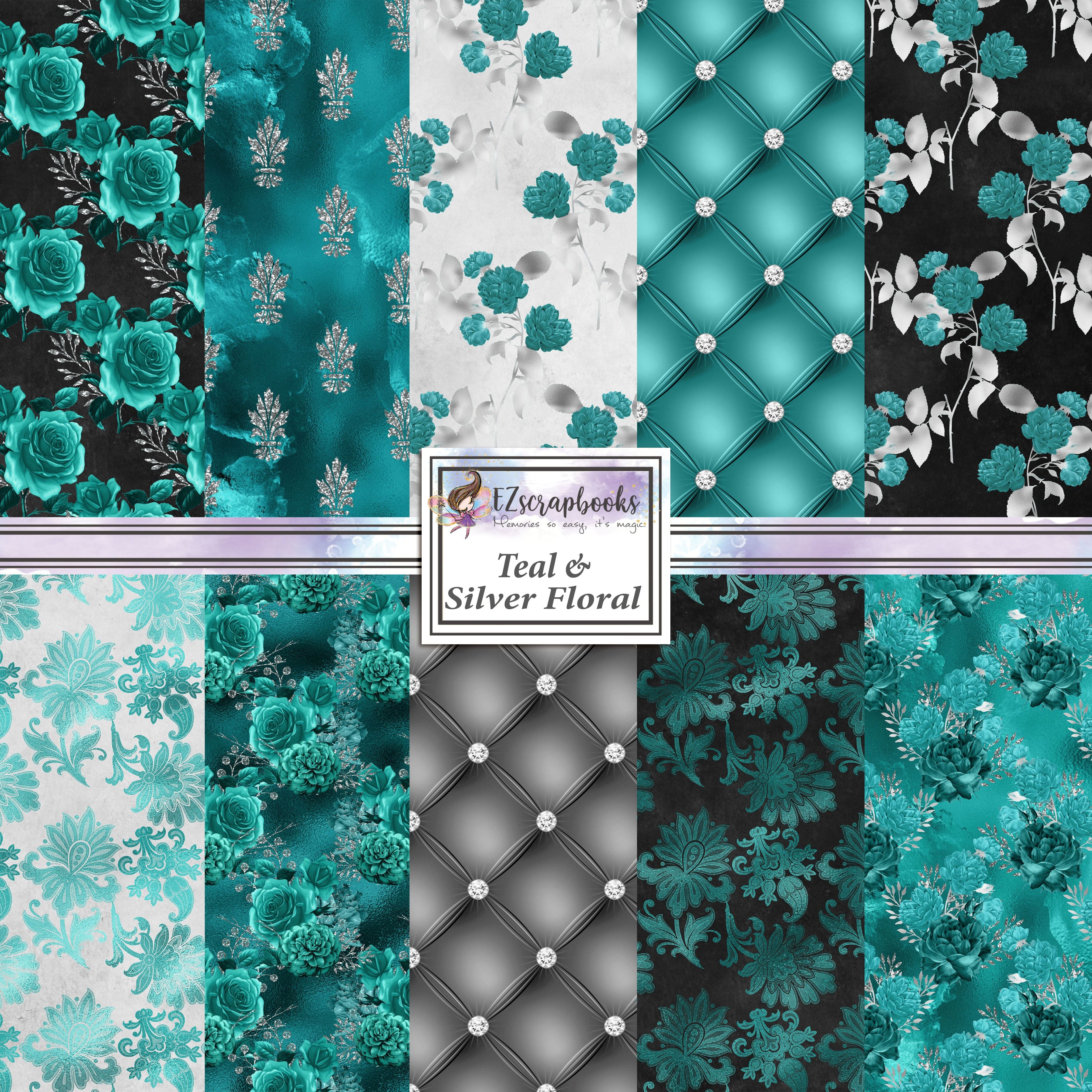 Teal & Silver Floral - Paper Pack - 8418 – EZscrapbooks