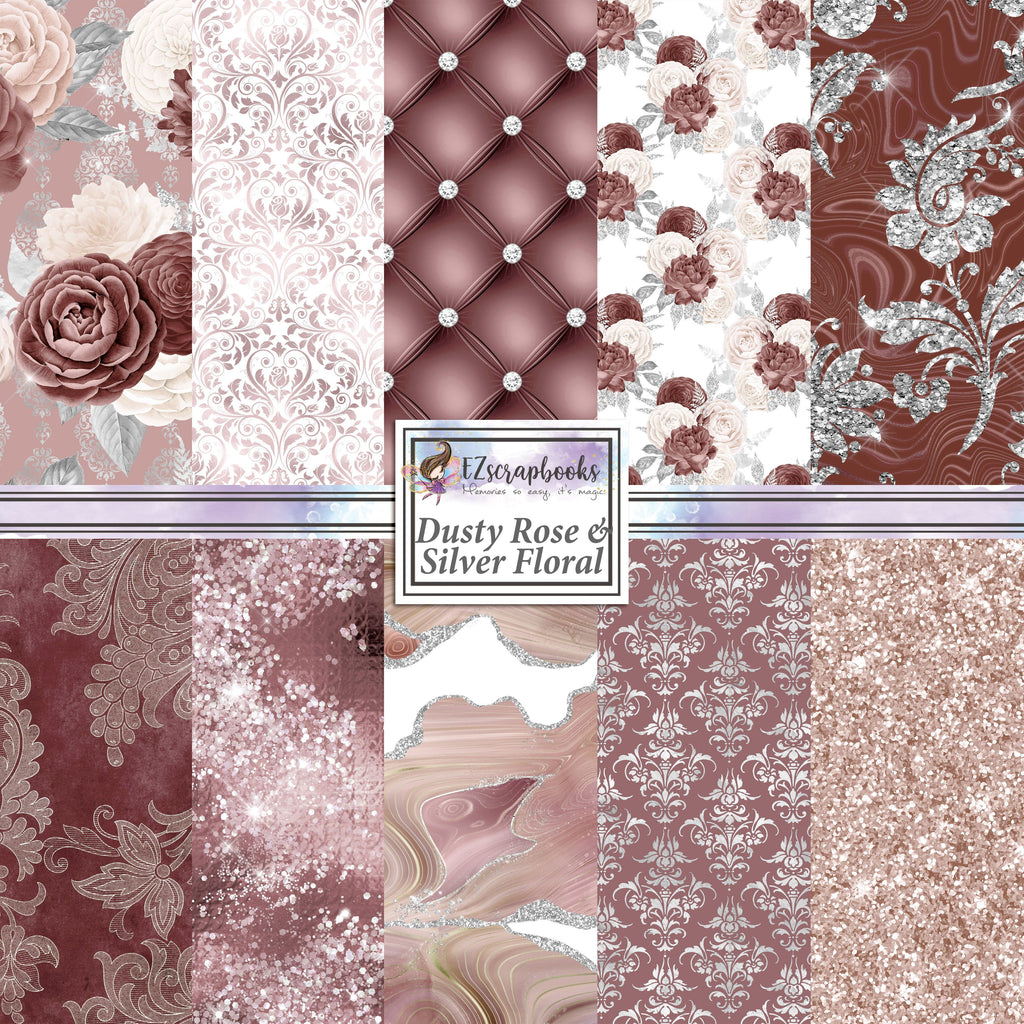 Dusty Rose & Silver Floral - Paper Pack - 8394 – EZscrapbooks
